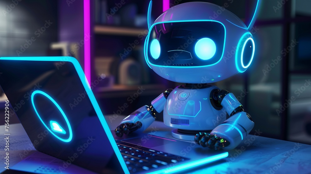 Cute friendly artificial intelligence robot using laptop computer with ...