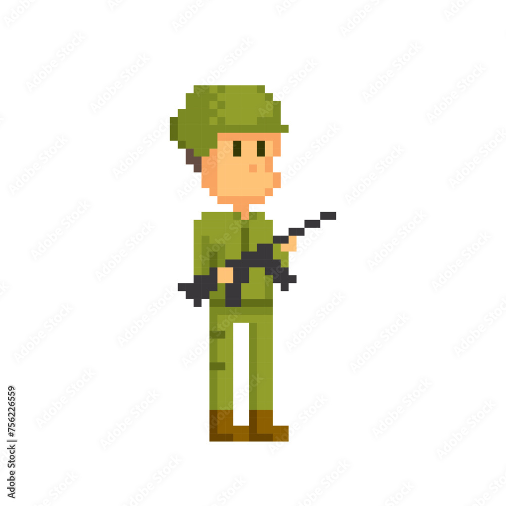 A soldier stands with an assault rifle. Pixel art. 8 bit video game. 8 ...