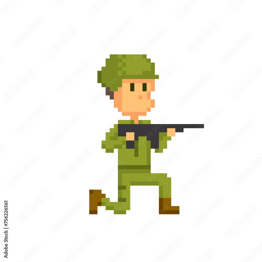 A soldier is on his knee aiming from an assault rifle. Pixel art. 8 bit ...