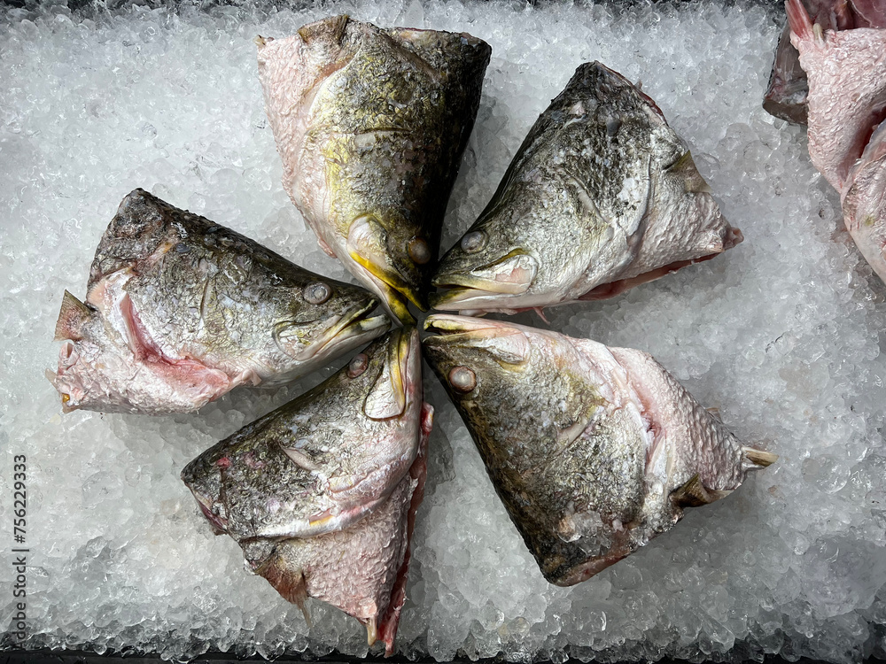 fresh raw cold seafood white red green snapper whole fish ikan head ...