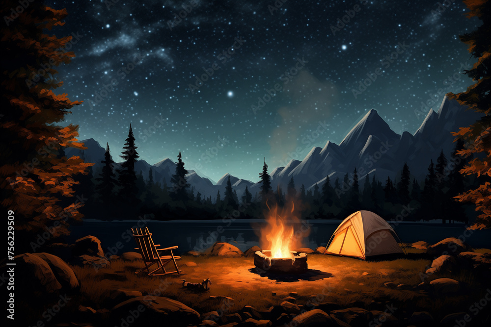 Serene camping scene at night on a lake, where a warm and inviting campfire flickers under a sky ...