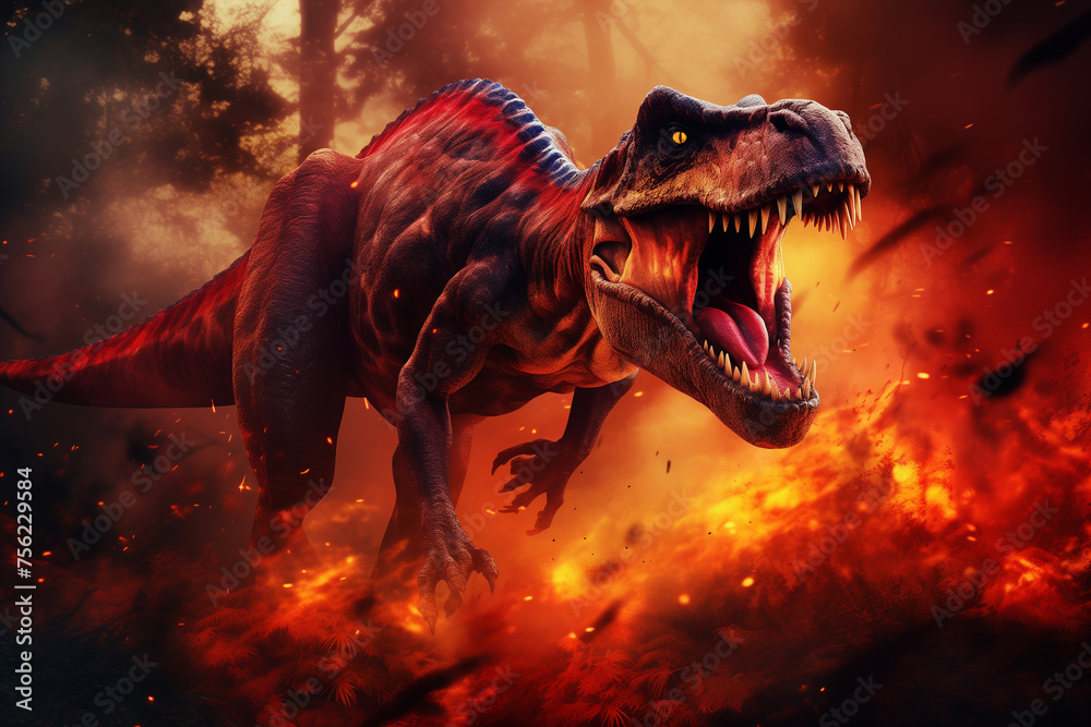 T Rex Dinosaur Screaming and Running in a Forest full of Fire and ...