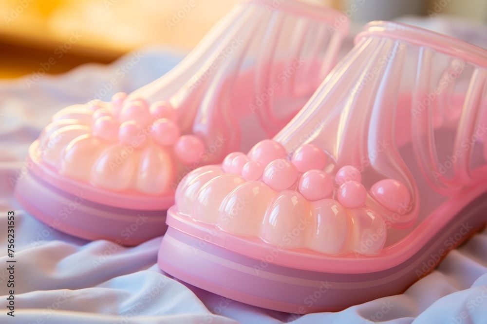 Shot of squishy aesthetic jellyfish-shaped slippers, with plush ...