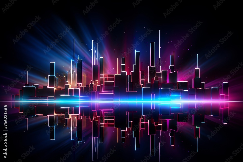 Skyline backdrop with neon lights and abstract shapes, evoking a sense ...