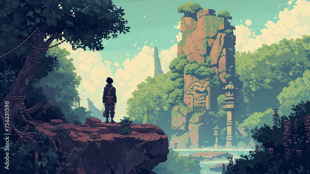 A pixel character performs a task. Pixel art, immersion, console ...