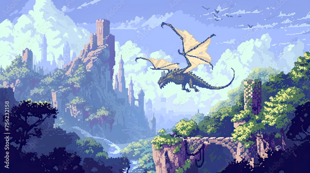 Pixel dragon. Style, fang, monster, character, game, monster, fantasy ...