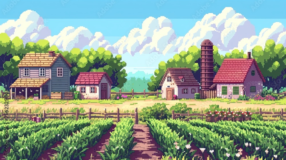 Pixel village. Style, cow, house, garden, milk, hut, farm, summer, farm ...