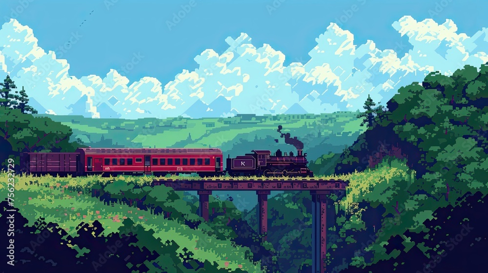 Pixel train on the railway. Style, bridge, speed, rails, carriage, road ...