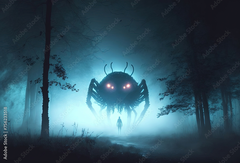 Ilustração do Stock: Scary alien monster in the misty night forest. The ...