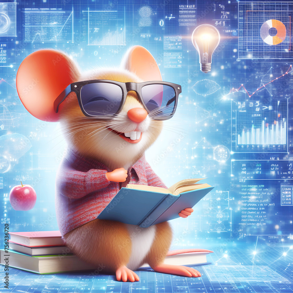 3d illustration of cute mouse smile with sunglasses, reading book and ...