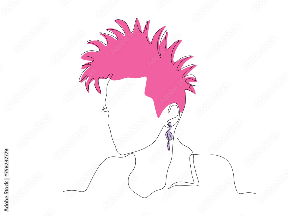 Abstract punk girl with mohawk on her head, continuous single line art ...