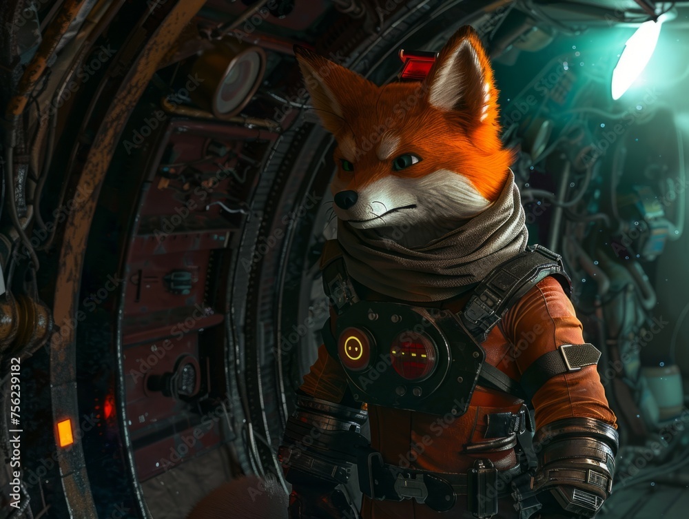 Space fox ninja uncovering an ancient mystery aboard an abandoned sci-fi spacecraft Stock ...