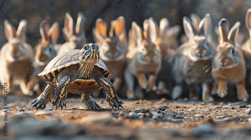 Front view of a turtle confidently leading a pack of rabbits on a ...