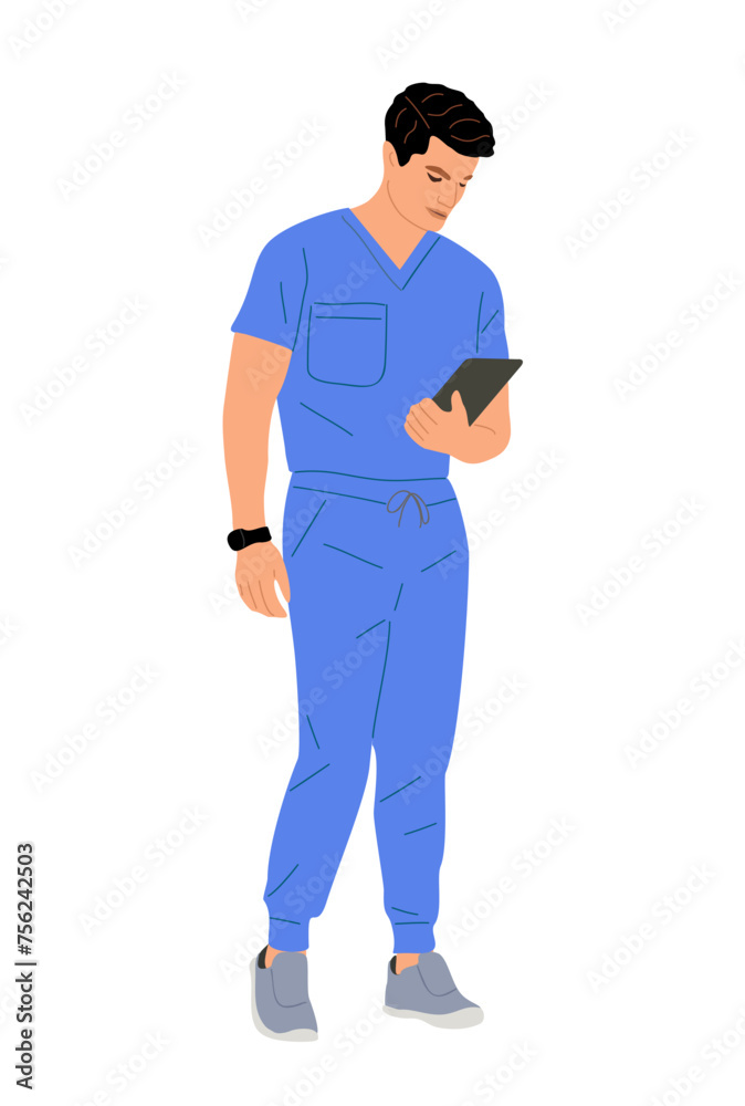 Young Male doctor, nurse, paramedic standing with tablet. Handsome man ...