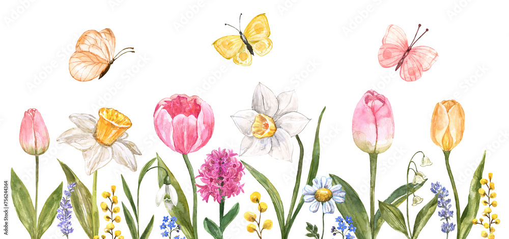 Watercolor floral frame with hand-painted spring flowers - tulips ...