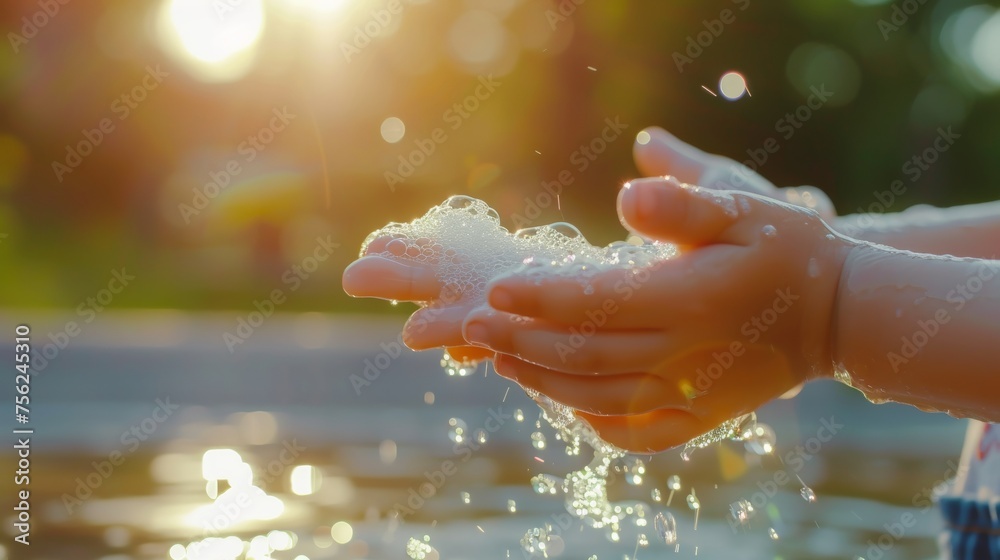 little kid hands wash with soap bubbles and rinse with clean water to ...