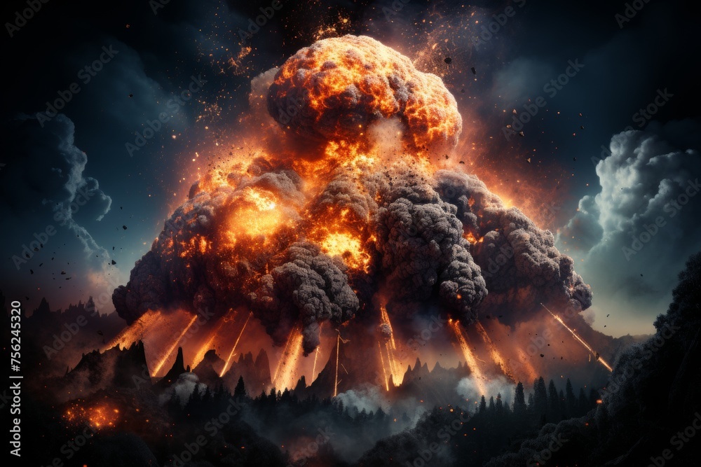 Devastating nuclear explosion on planetary surface with fiery red edges ...