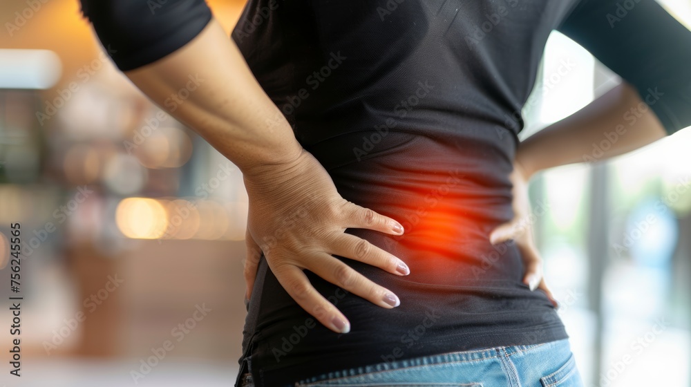 woman holding her lower back while and suffer from unbearable pain ...