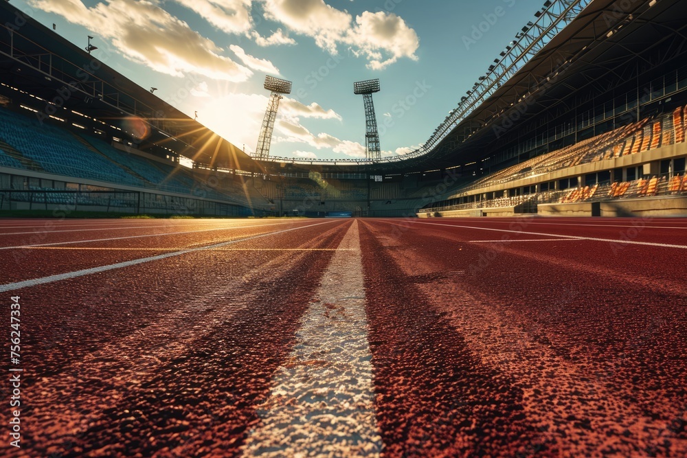 Red running track at the track and field stadium, low angle. The rough ...
