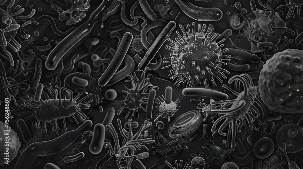 Monochrome microscopic view revealing diverse bacteria shapes, textures ...