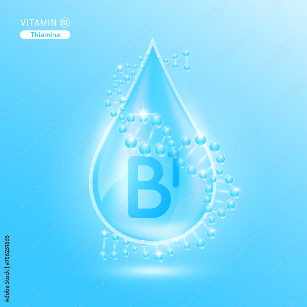 Blue vitamin B1 surrounded by DNA. Water drop serum collagen solution ...
