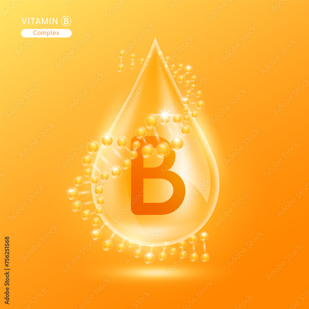 Orange vitamin B surrounded by DNA. Water drop serum collagen solution ...