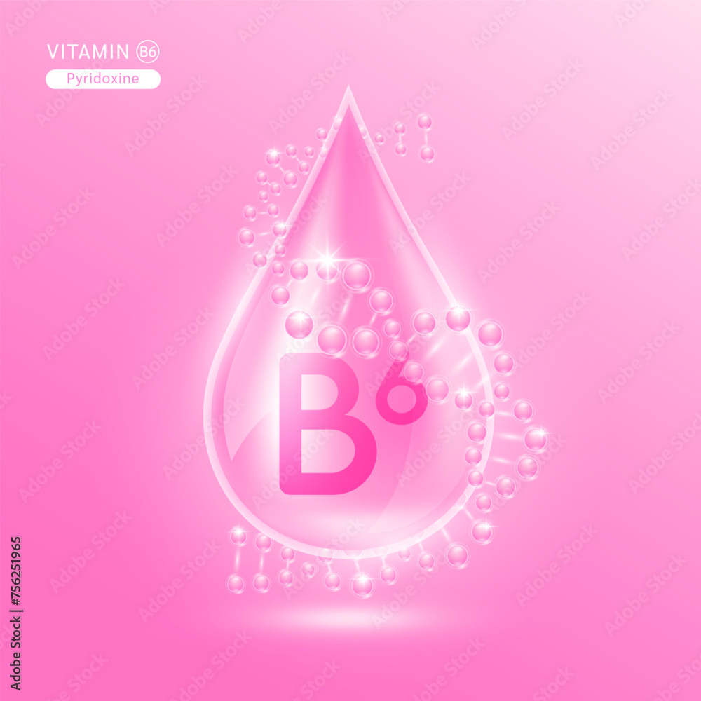 Pink vitamin B6 surrounded by DNA. Water drop serum collagen solution ...