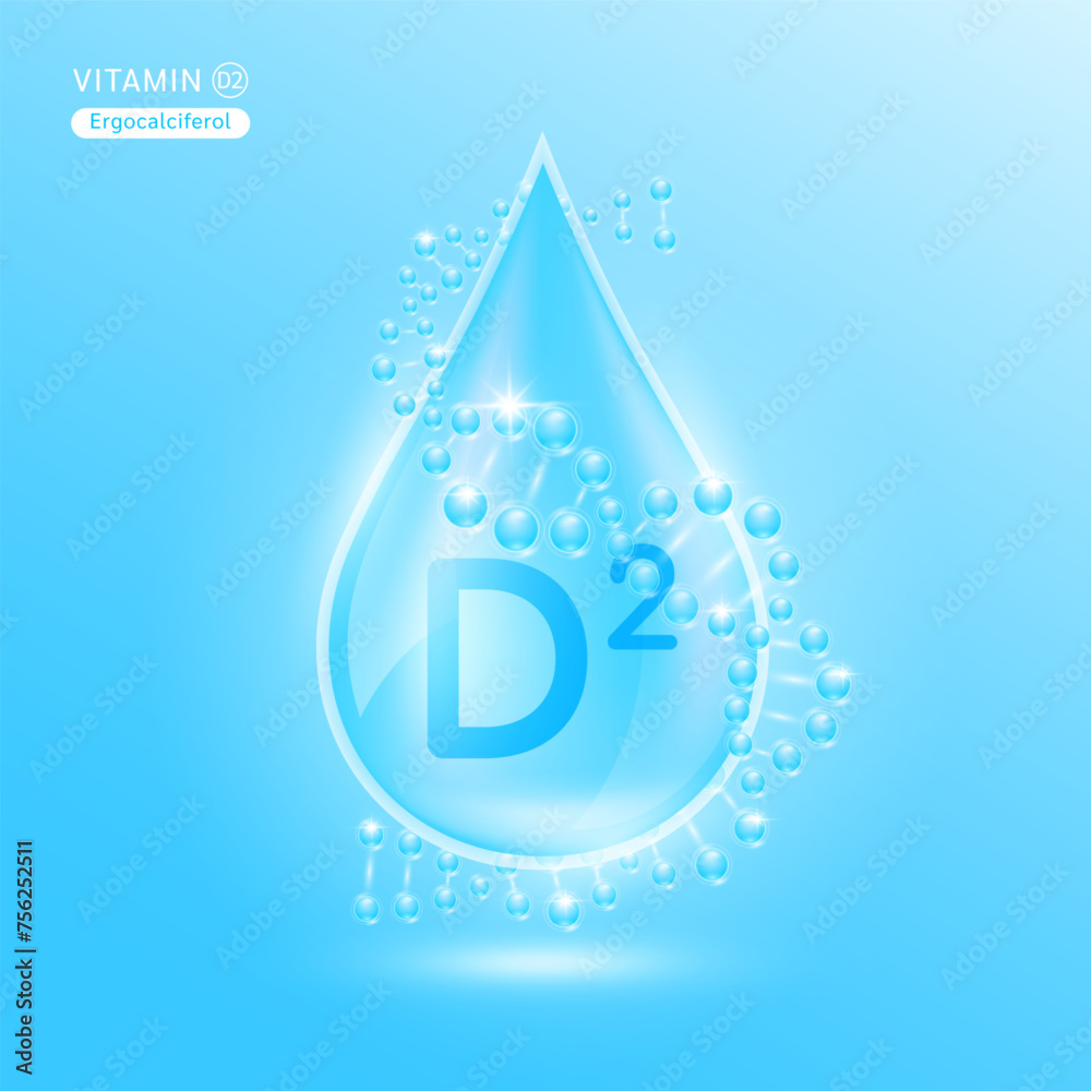 Blue vitamin D2 surrounded by DNA. Water drop serum collagen solution ...