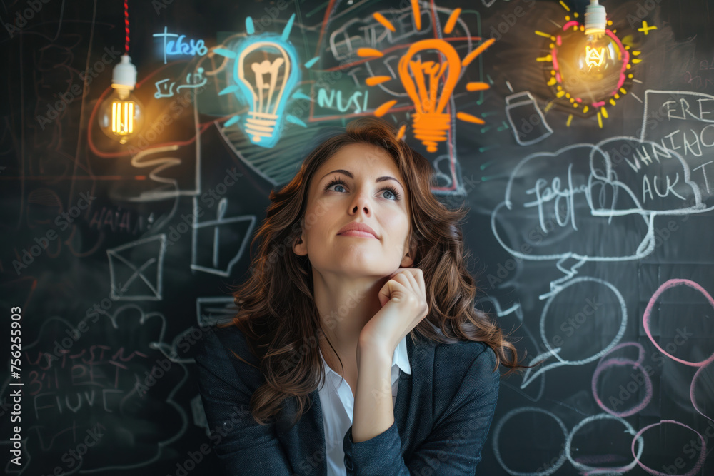 Portrait of a woman. Behind her is an blackboard chalk wall covered ...
