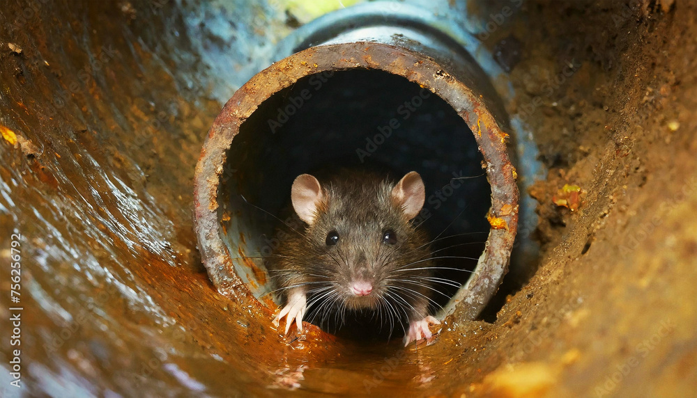 Closeup of a rat inside a rusty sewer pipe; rat looking out of a drain in the sewerage system ...