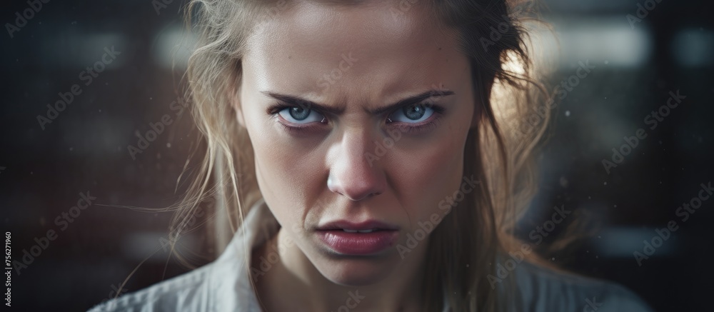 A close up of a womans face captures her angry expression with a ...