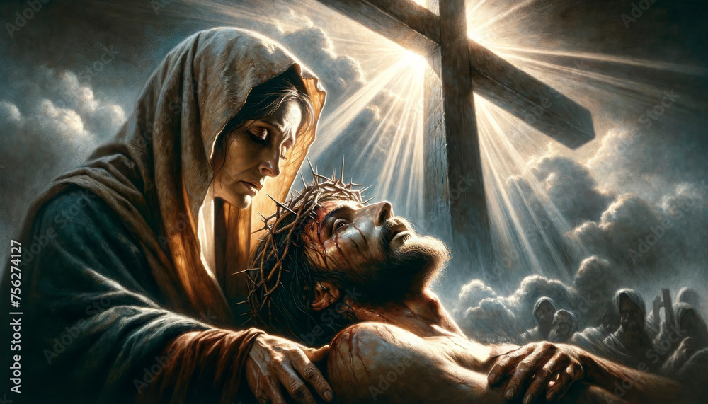 Poster Sacred Piety: The Grieving Virgin Mary Holding the Body of the Crucified Jesus Christ ...