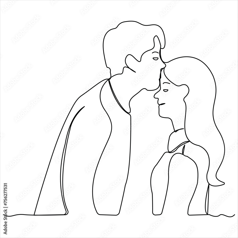 Continuous single line drawing of couple kissing outline vector ...