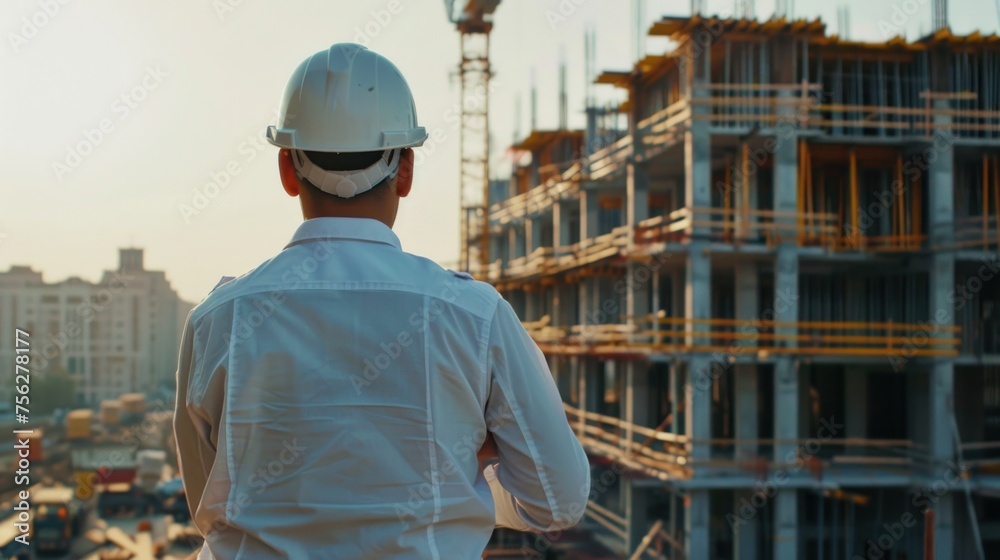 Behind the scenes, an engineer wearing a white hard hat stands and ...