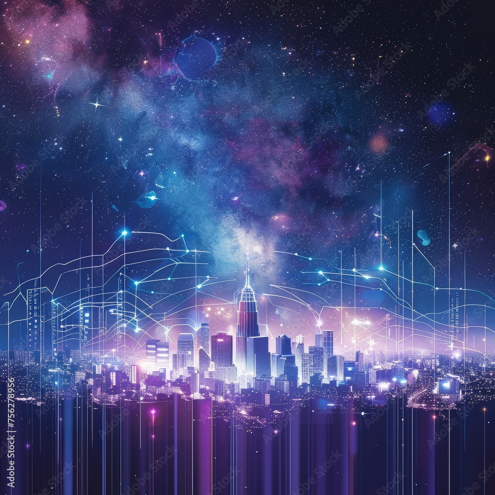 Un gráfico de crecimiento digital se eleva hacia un cielo estrellado ...