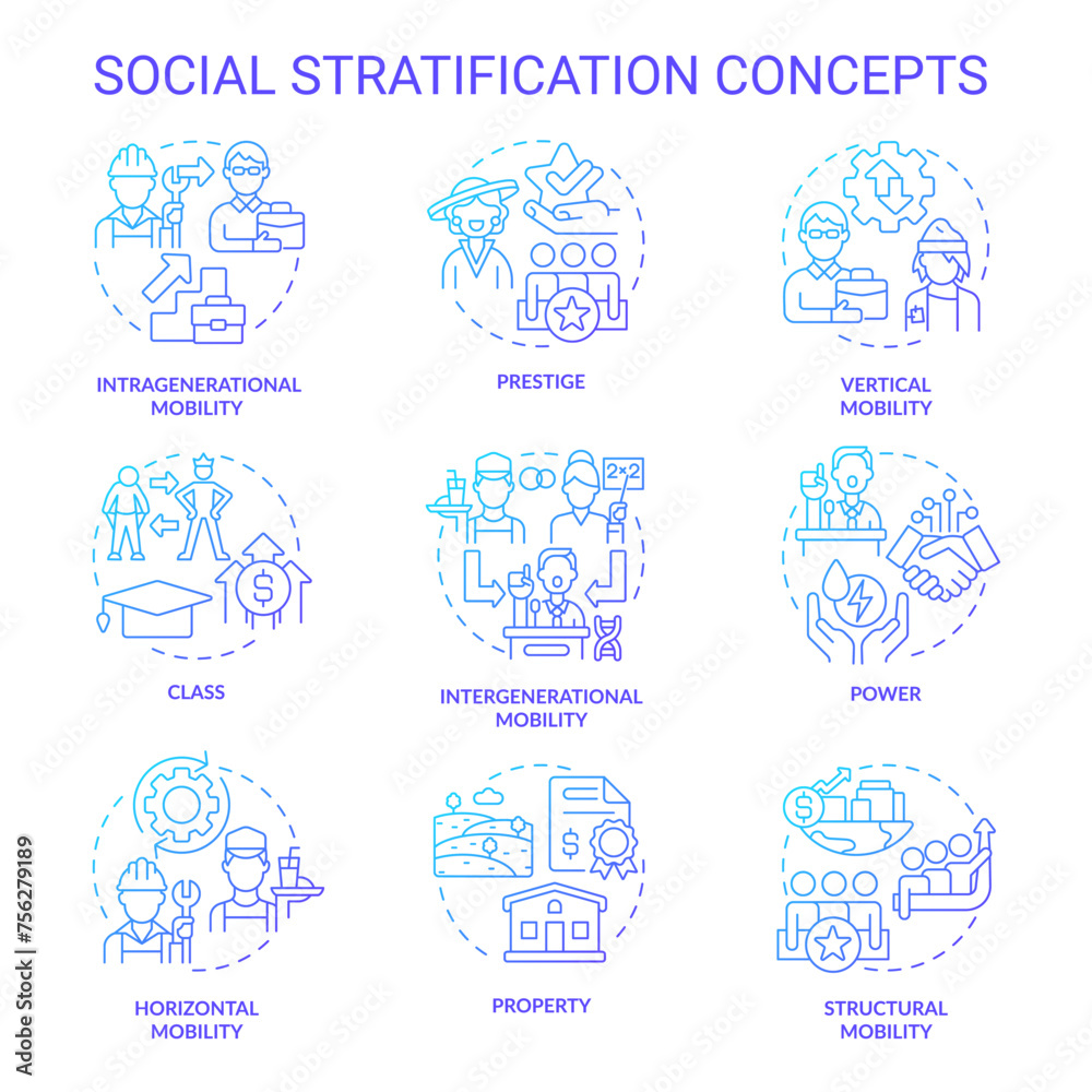 Social stratification and mobility blue gradient concept icons ...