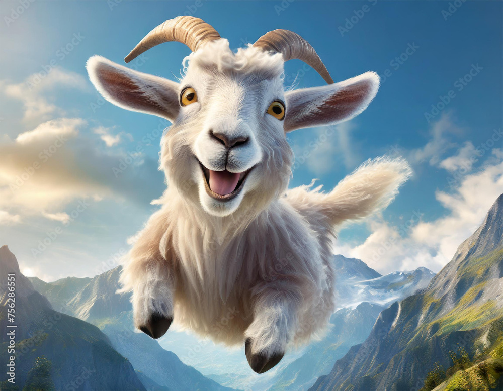 fluffy smiling goat with big ears and eyes flying over beautiful ...