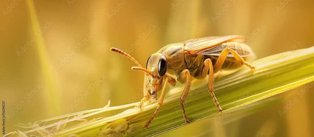 An arthropod insect perched on a green terrestrial plant, possibly a ...