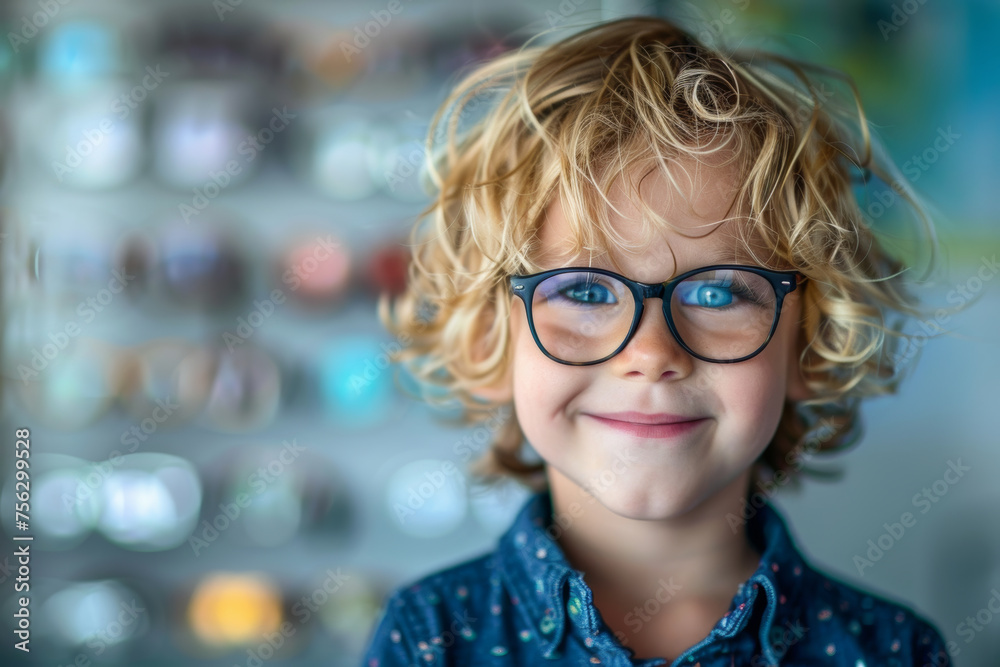 Portrait of a young boy wearing glasses in a optician shop , happy ...
