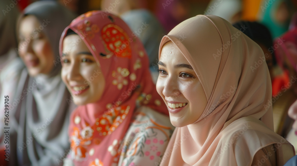 Portrait of an happy group of south east asia muslim women gathered at ...
