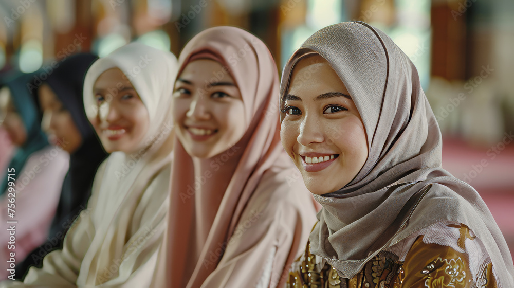 Portrait of an happy group of south east asia muslim women gathered at ...