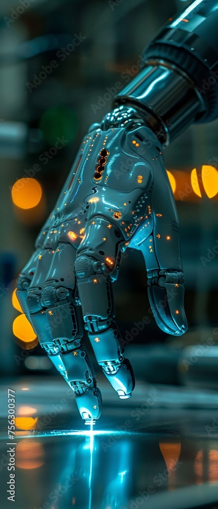 Cybernetics lab close-up on an advanced prosthetic being calibrated ...