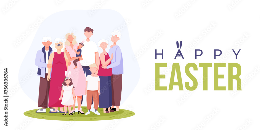 Happy Easter. Big family celebrating. Mom, dad, son, daughter ...