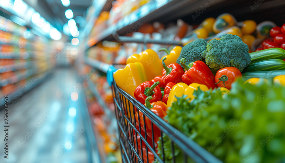 Grocery shopping. Shopping cart full of healthy vegetarian food ...