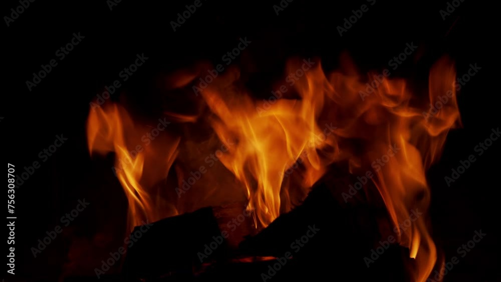 Flames in fireplace. Burning flame. Blaze fire flame on black for ...
