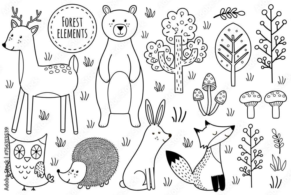 Cute forest animals black and white collection. Woodland characters set ...