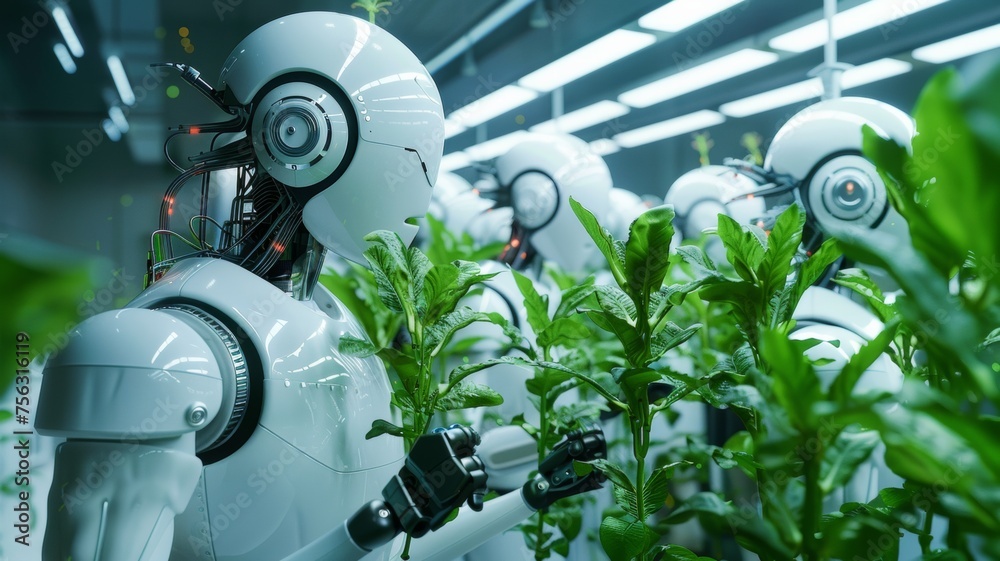 Robot farmers growing plant in green house lab with IOT based smart ...