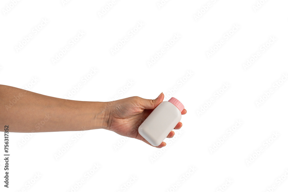 Baby talcum powder container in hand on transparent background Stock ...