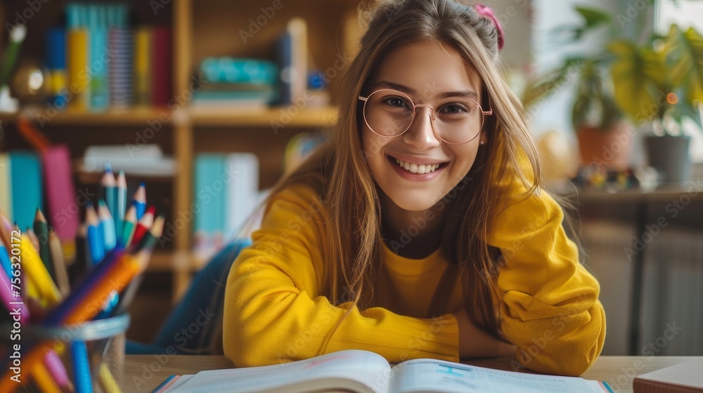 Happy cute teen female child studying at her desk at home with an open ...