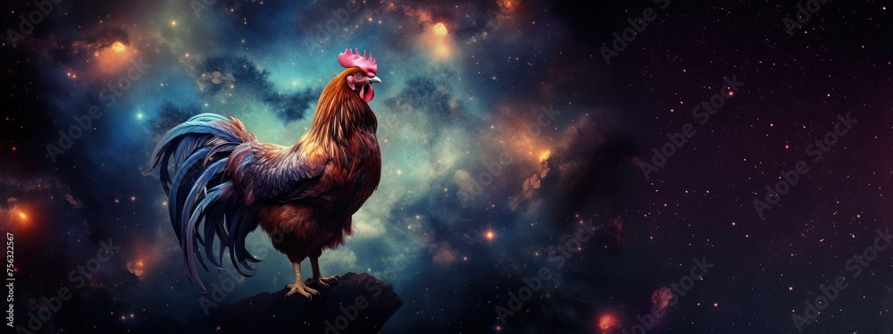 Rooster on cosmic background with space, stars, nebulae, vibrant colors ...